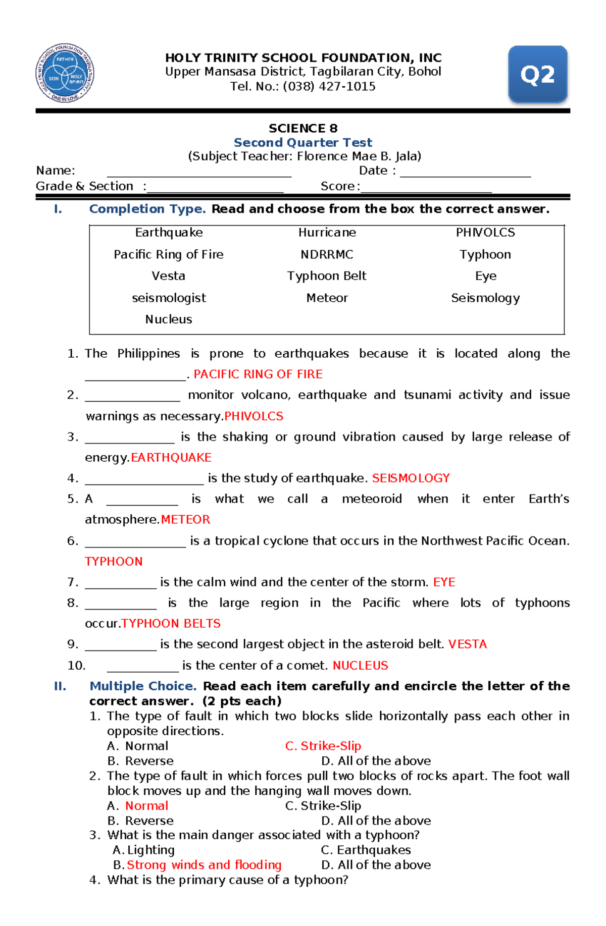Science 8 Q2 2ND Quarter TEST - HOLY TRINITY SCHOOL FOUNDATION, INC ...