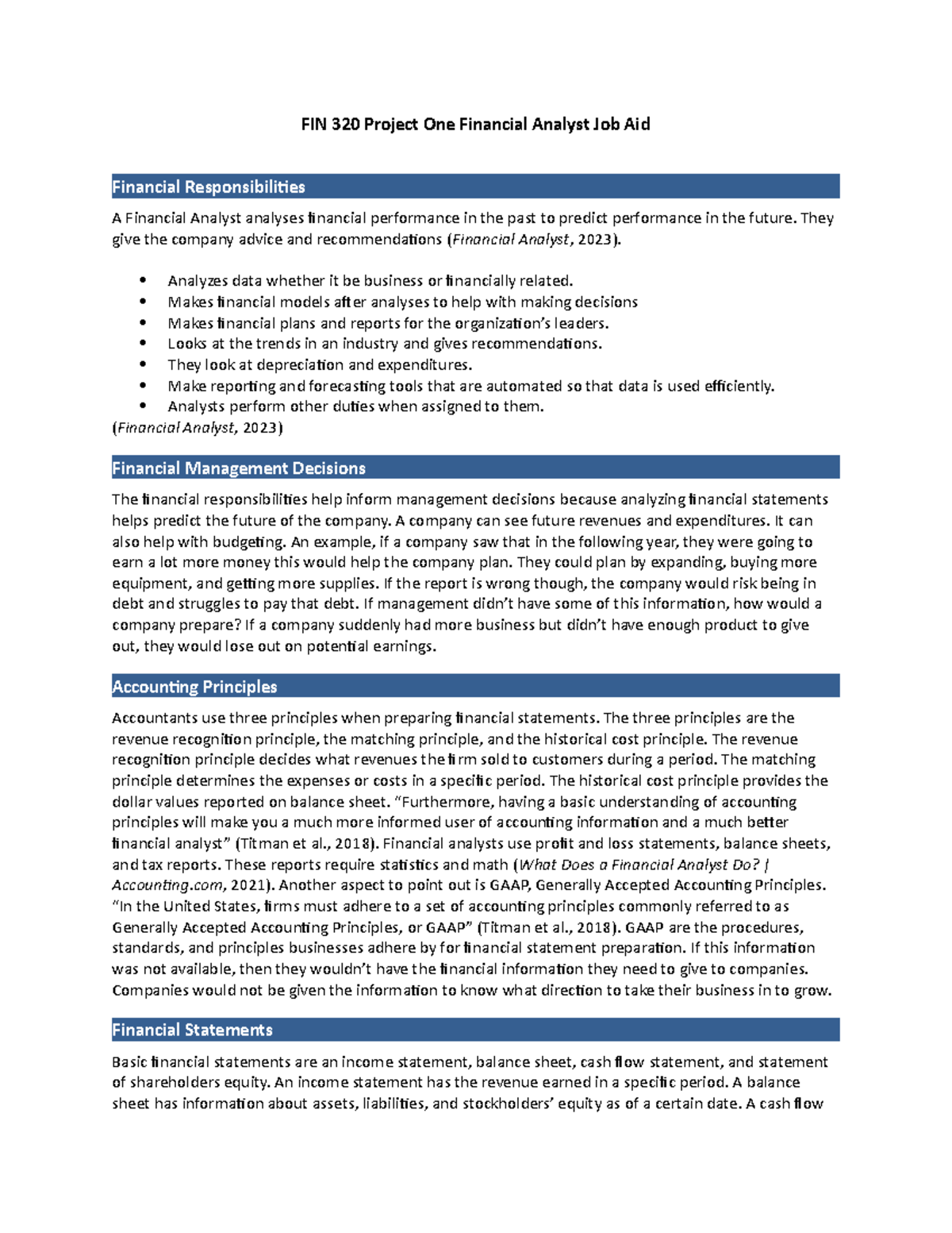 FIN 320 Project One: Comprehensive Financial Analyst Job Aid - Studocu