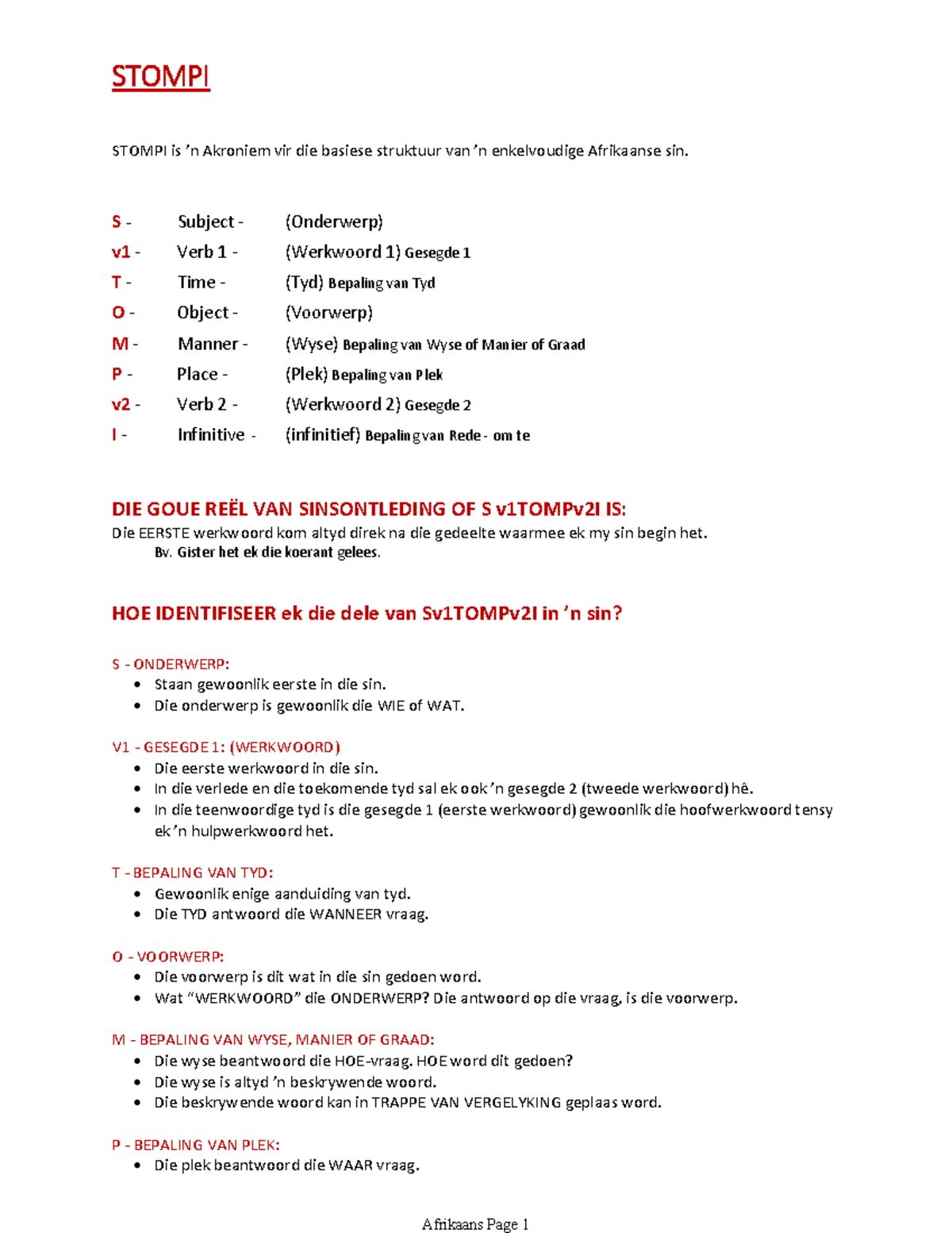 STOMPI: Basiese Struktuur van 'n Enkelvoudige Sin in Afrikaans - Studocu