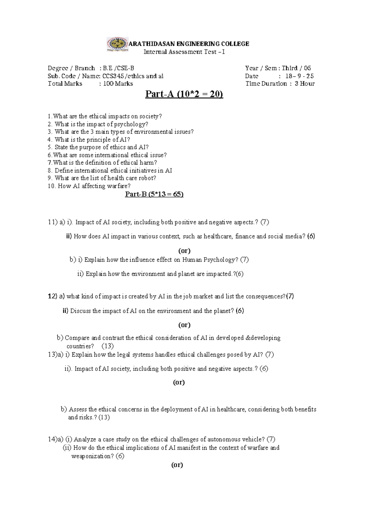 3 YEAR CSE-B Internal Assessment Test I: Ethics and AI QP - Studocu