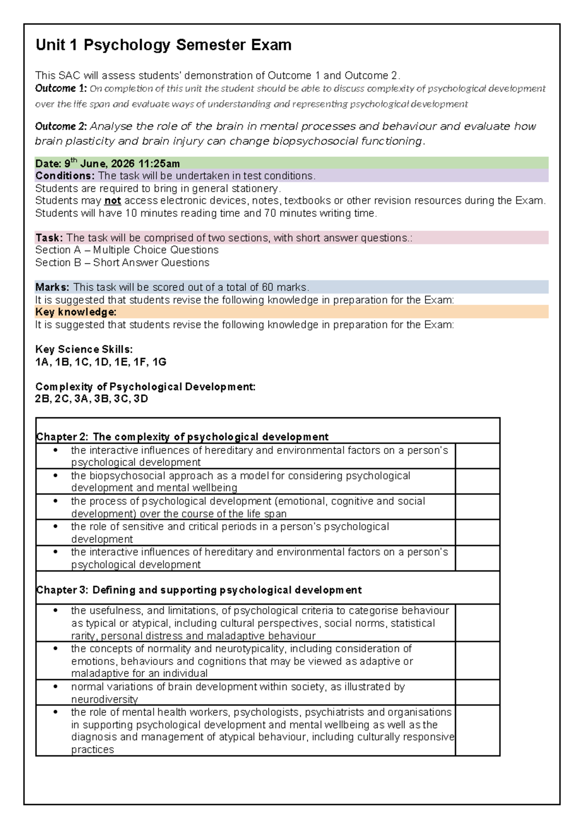 PSY2026 Unit 1 Psychology Semester Exam Details - Studocu