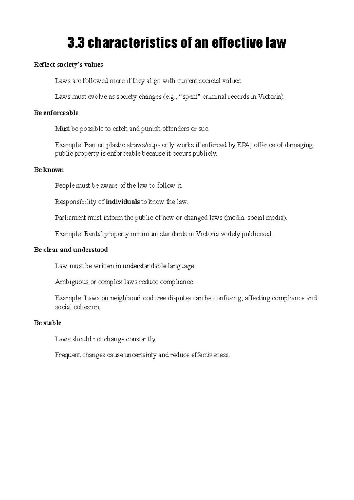 Unit 1 Legal Studies: Characteristics of Effective Laws - Studocu