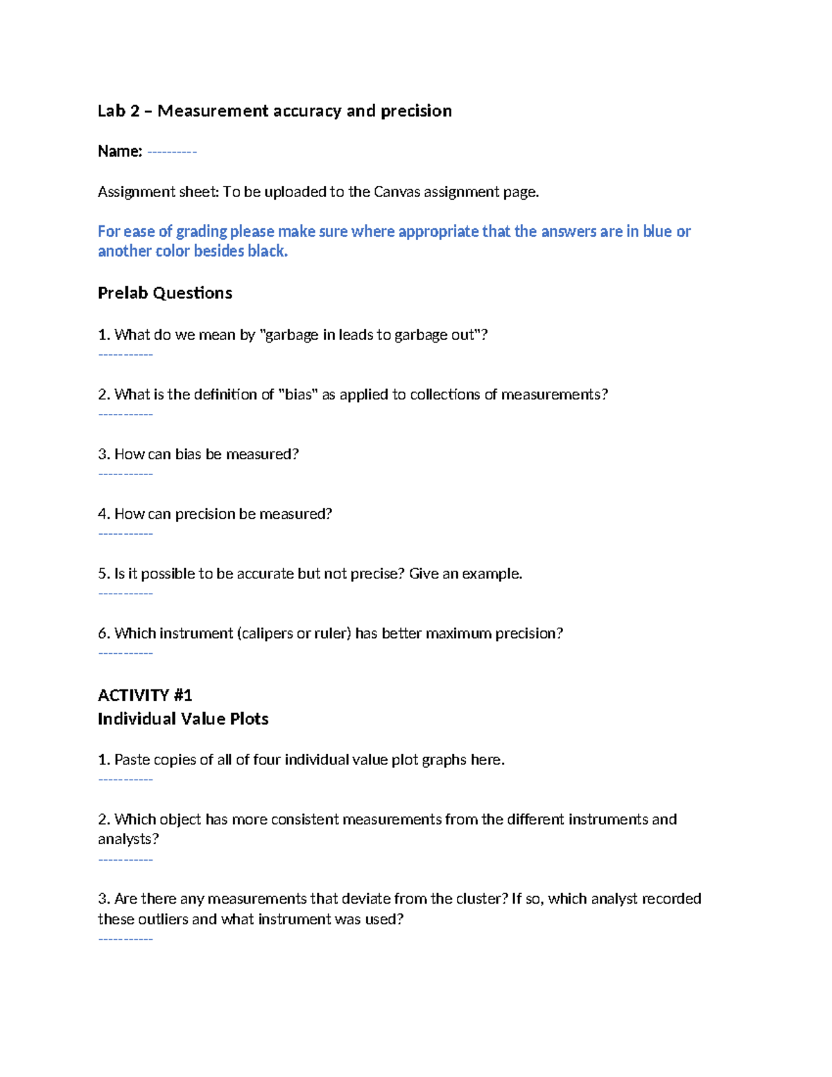 Lab 2: Measurement Accuracy & Precision Assignment S23 - Studocu