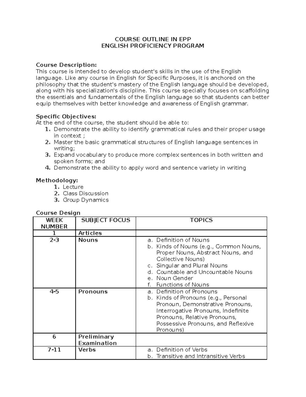 EPP CO - Detailed Course Outline for English Proficiency Program - Studocu