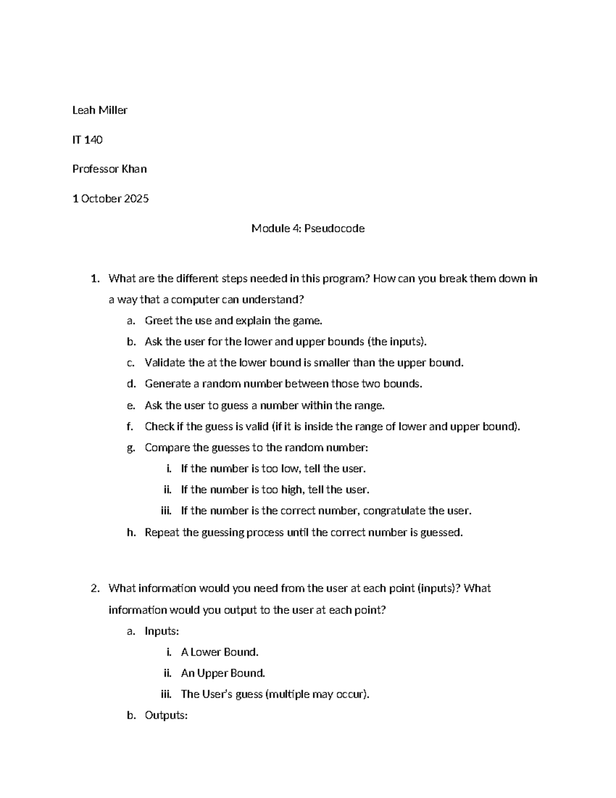 IT-140 Module 4 - Pseudocode for Number Guessing Game - Studocu