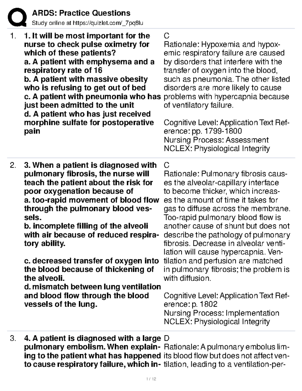 ARDS: Practice Questions for Nursing Students (NCLEX Prep) - Studocu