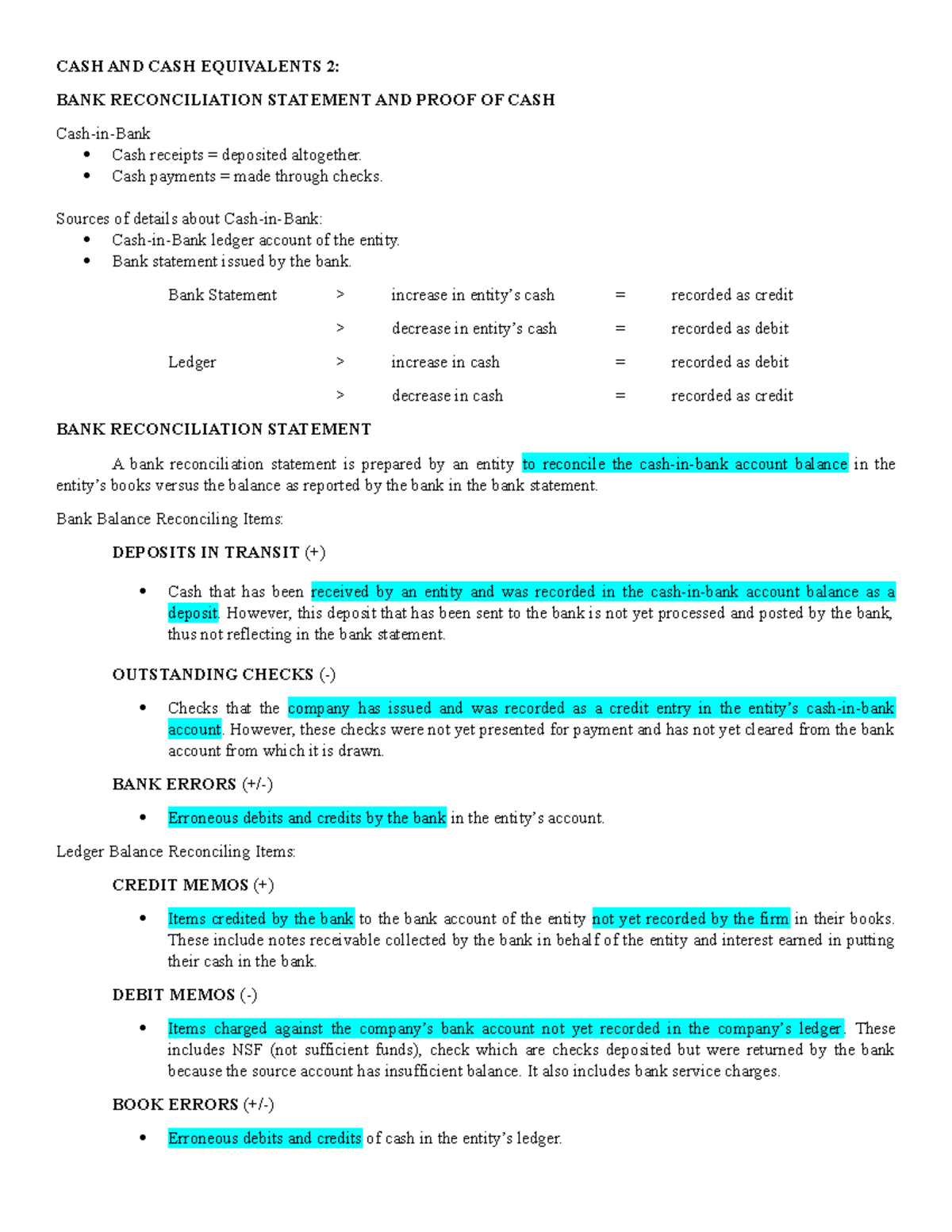 CASH AND CASH EQUIVALENTS 2: BANK RECONCILIATION STATEMENT GUIDE - Studocu