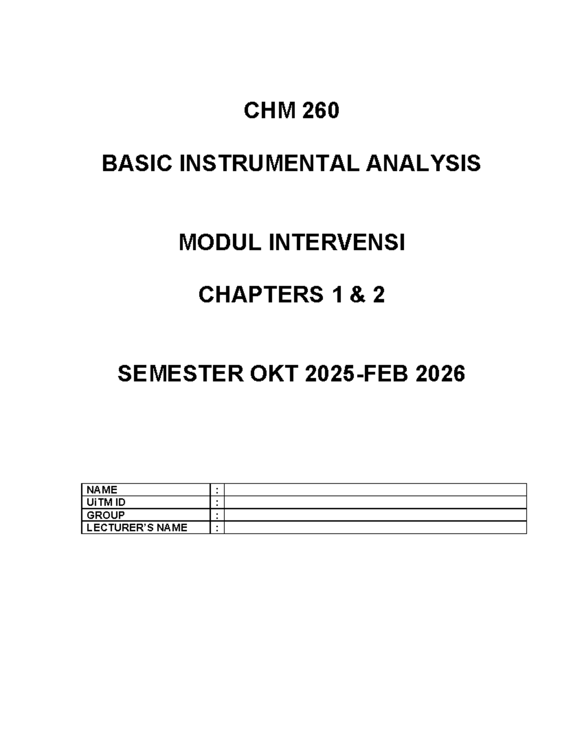 CHM 260 Basic Instrumental Analysis Intervention Module Chapters 1 & 2 ...