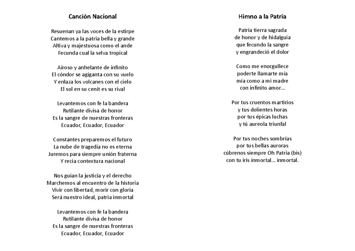 Canción Nacional y Himno a la Patria de Ecuador: Análisis Poético - Studocu