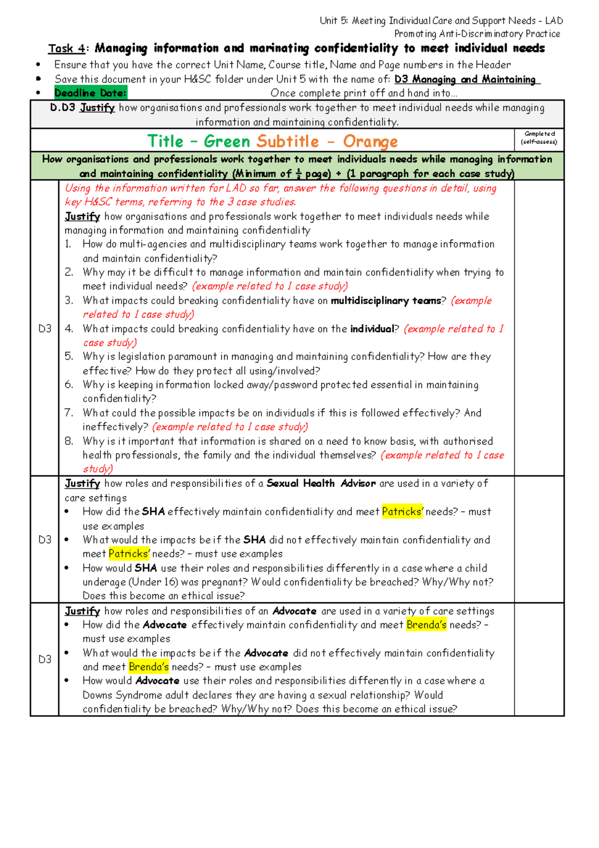 Unit 5 HSC Task 4: Information Management & Confidentiality in Care ...