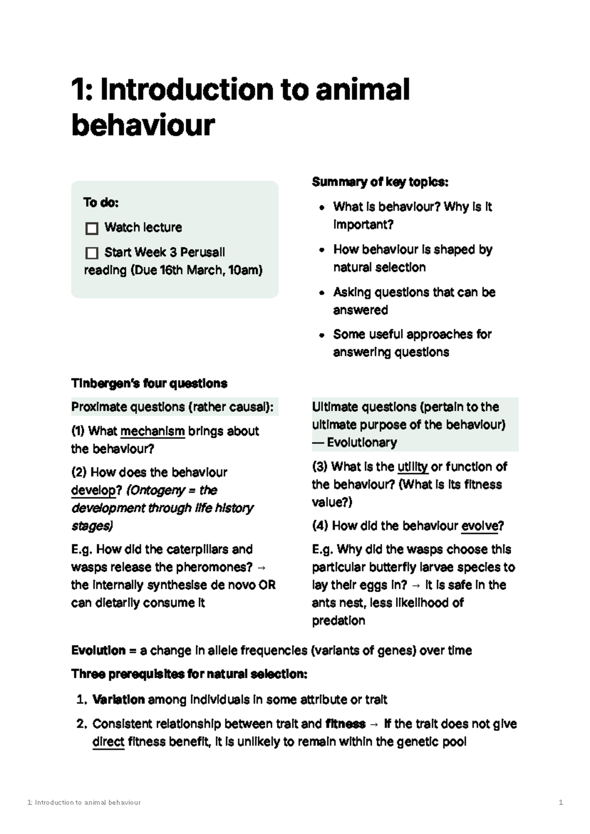 Lecture 1: Introduction to Animal Behaviour - Key Concepts & Summary ...