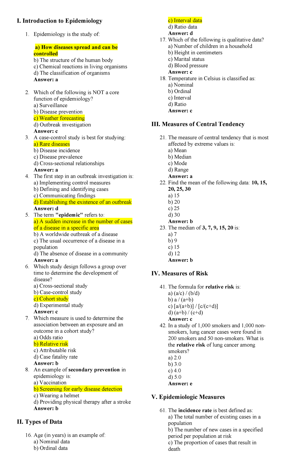 EPI 101: Long Quiz Questions on Epidemiology Concepts and Measures - Studocu