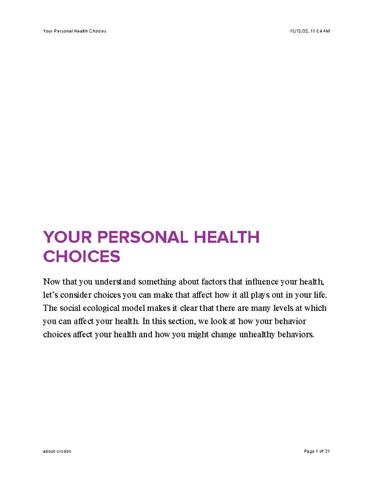 Your Personal Health Choices: Exploring Behavior Change Models - Studocu