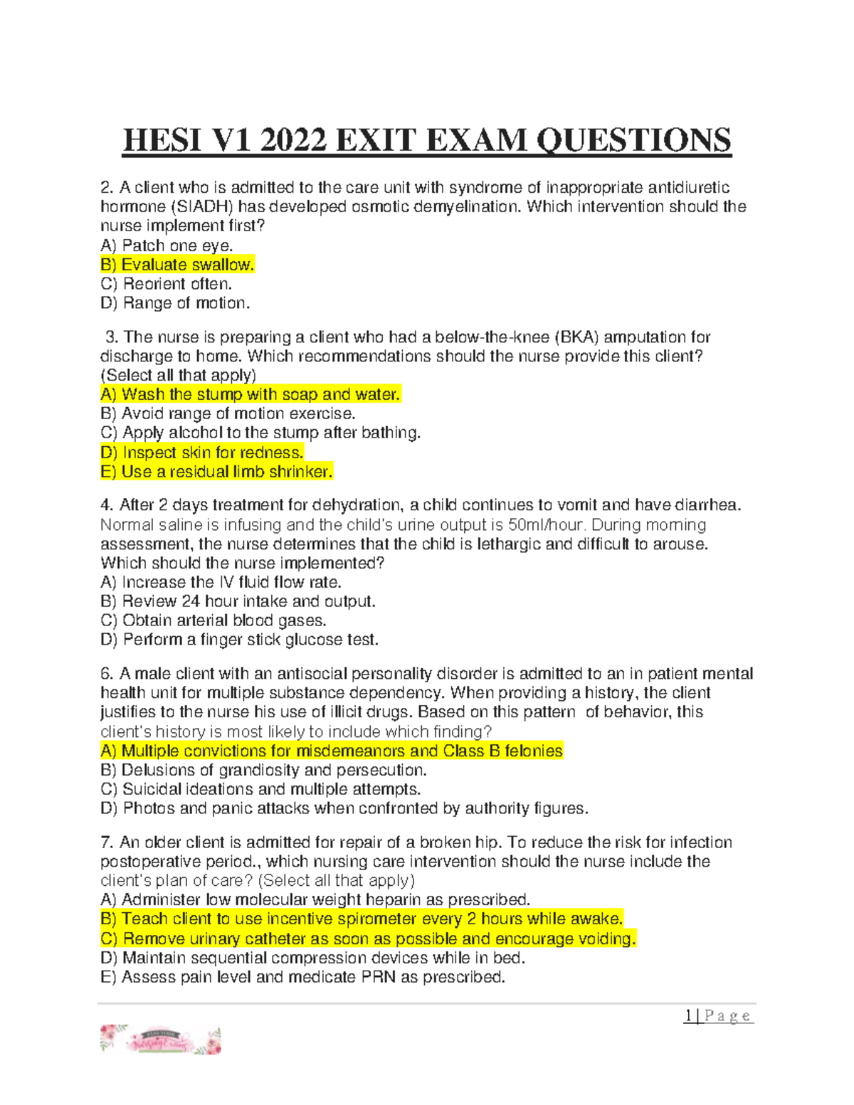 2022 HESI V1 EXIT EXAM Questions with Selected Answers and Insights ...