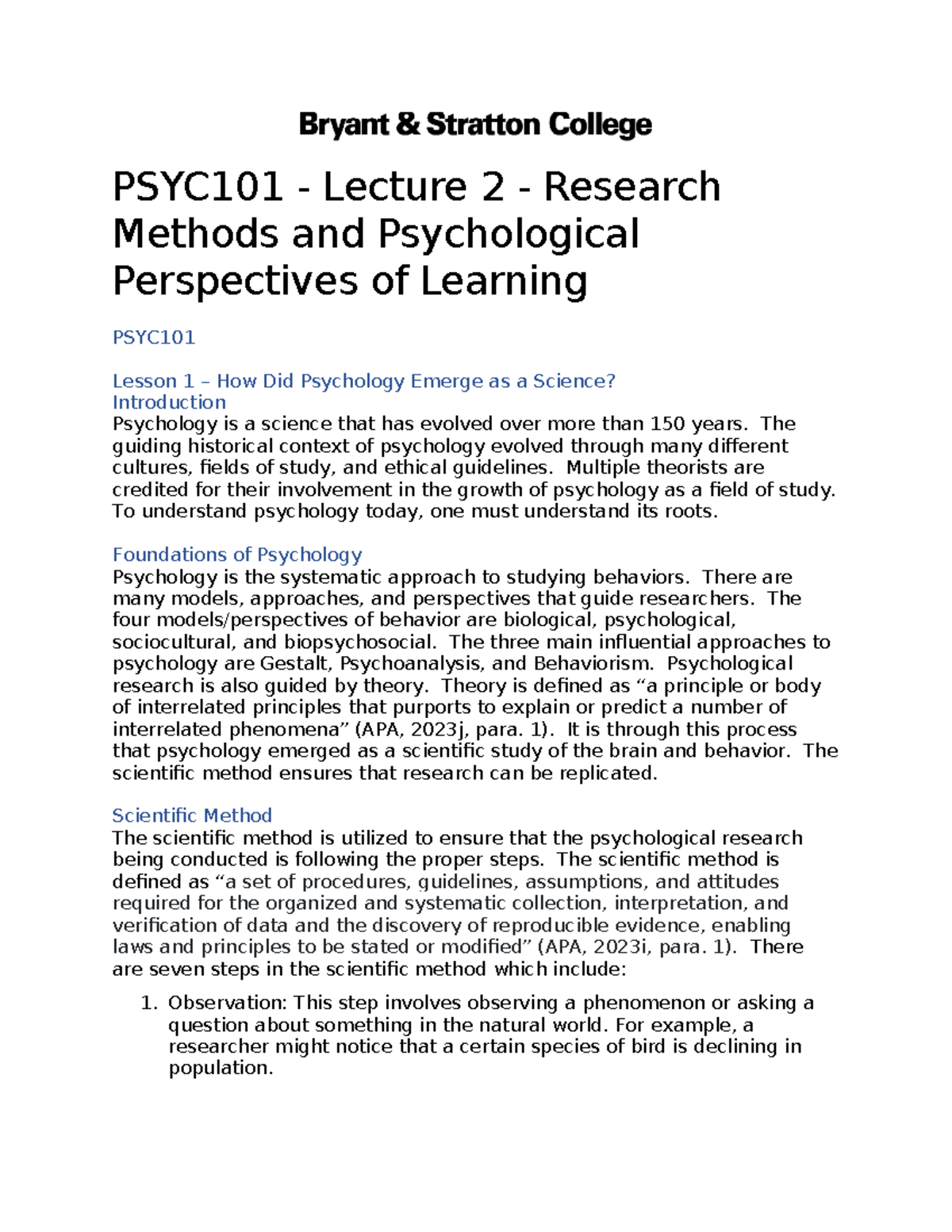 PSYC101 Lecture 2: Research Methods & Psychological Learning ...