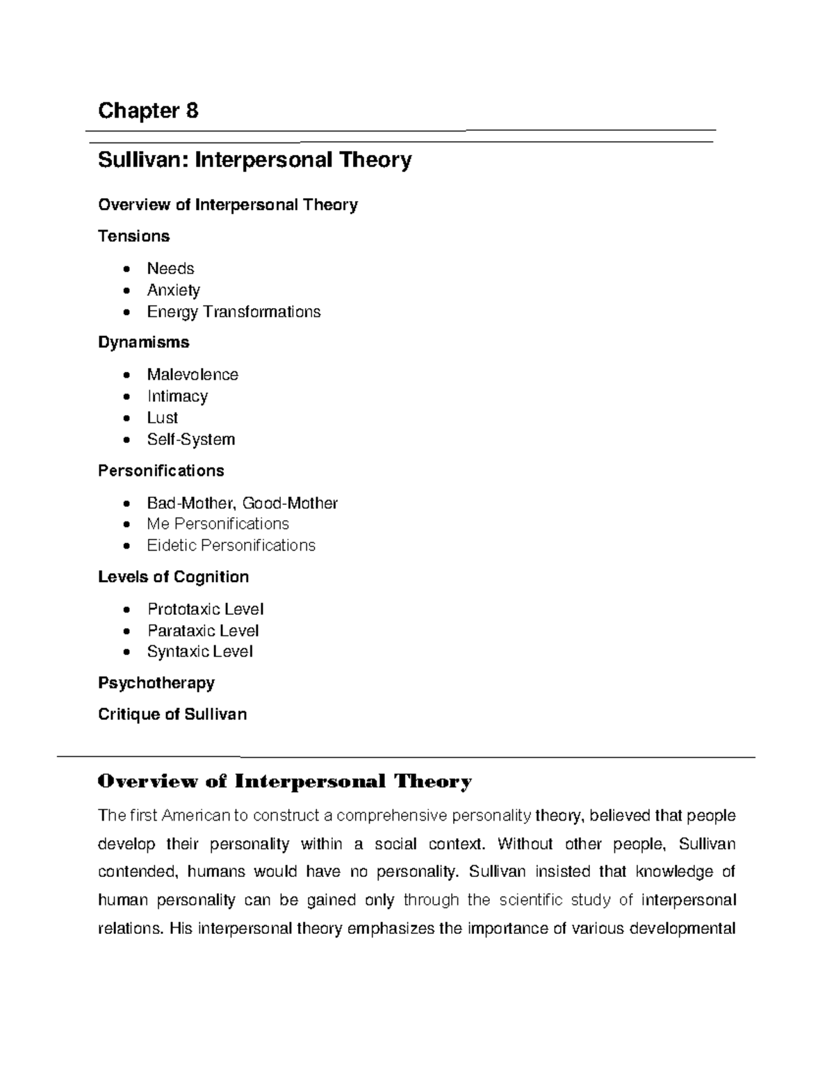 PSYCH1 01 Chapter 8: Overview of Sullivan's Interpersonal Theory - Studocu