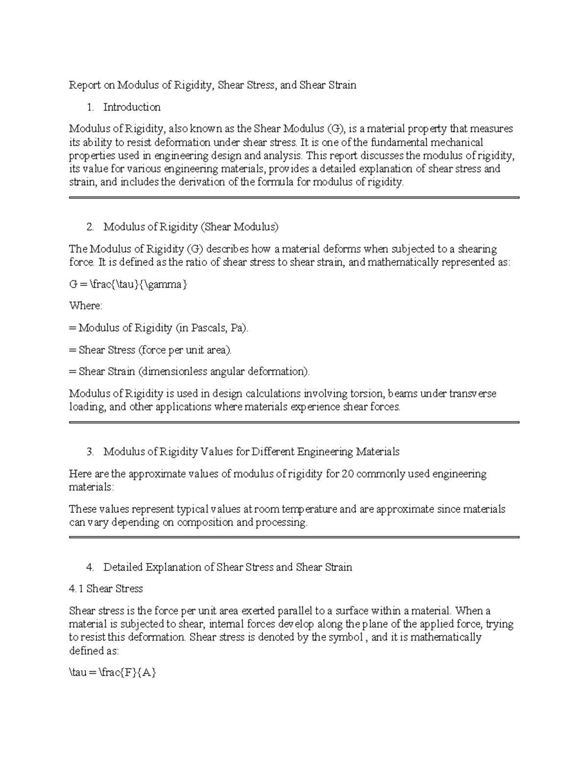 Report on Modulus of Rigidity, Shear Stress & Strain: Key Concepts ...