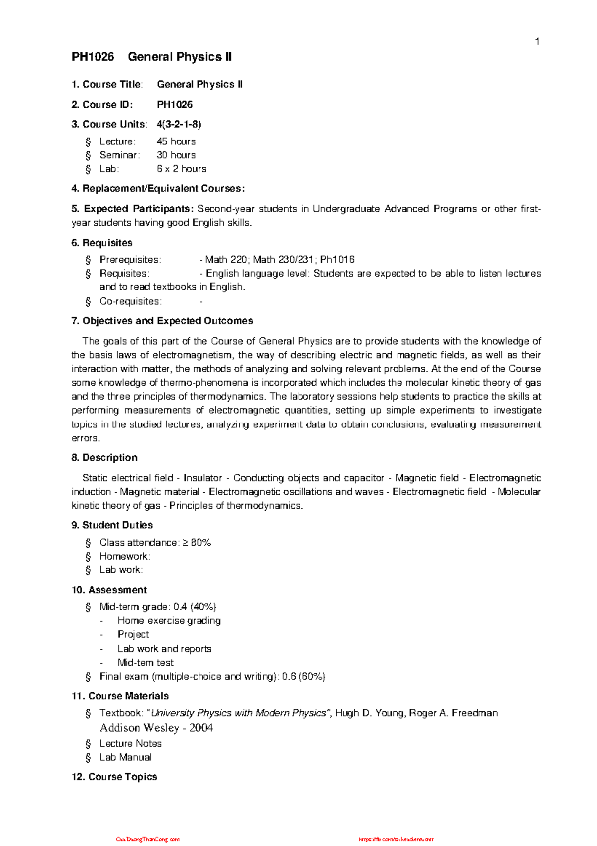PH1026 General Physics II Syllabus and Course Overview - Studocu