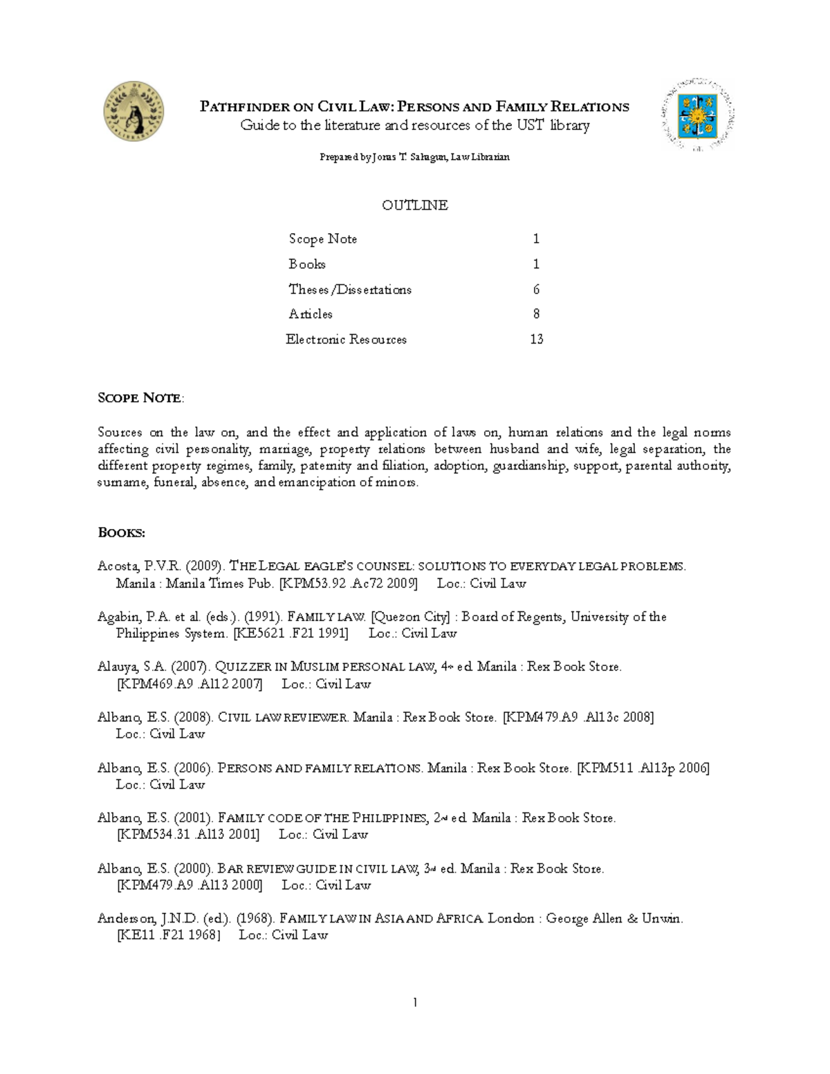 Pathfinder on Civil Law: Persons & Family Relations Resources (LAW 101 ...