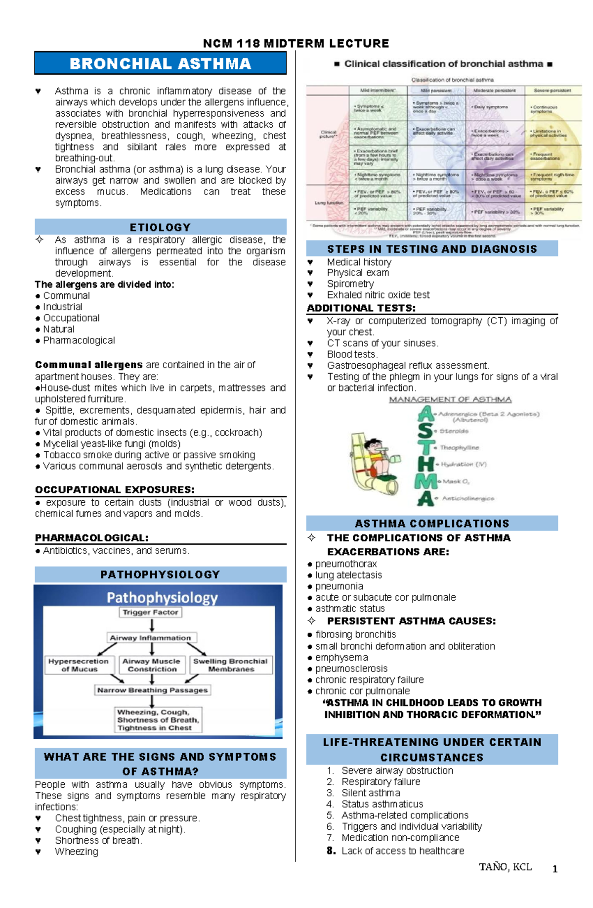 NCM-118 Midterm Lecture Notes on Bronchial Asthma and Pneumonia - Studocu