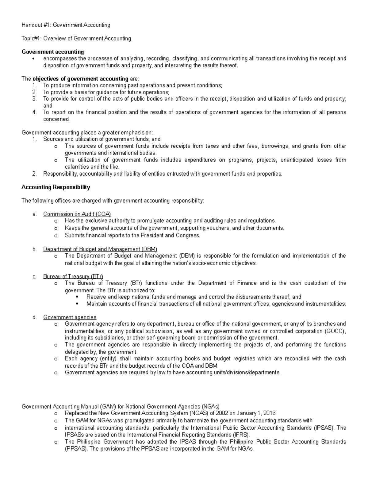 Handout 1 - GOVACC: Overview of Government Accounting Principles - Studocu