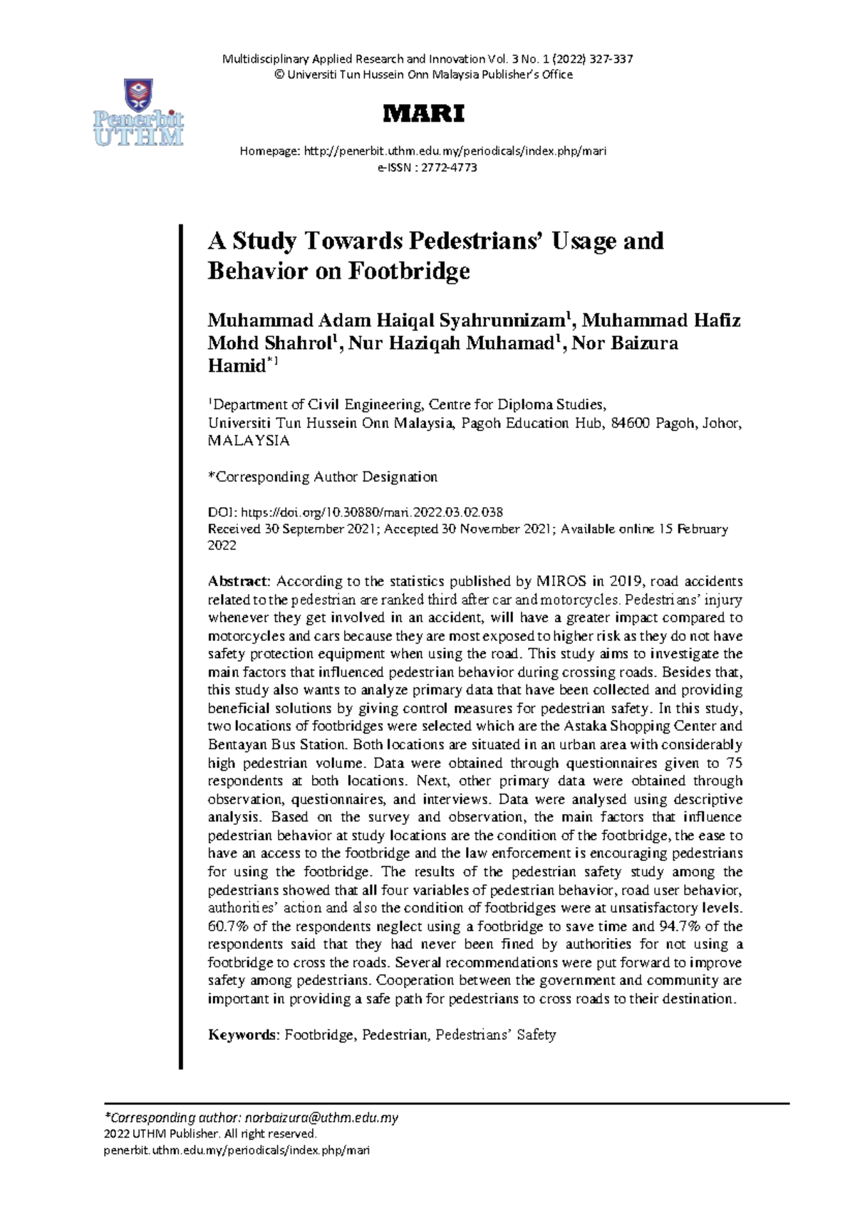 Usage and Behavior Study on Footbridges: UTHM Civil Engineering ...