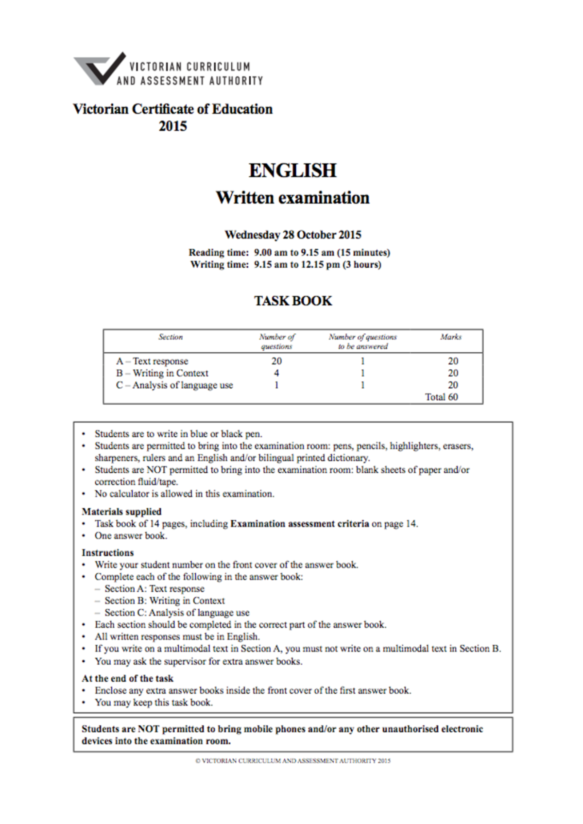 VCE 3 English Section C 2015: Analysis and Sample Responses - Studocu