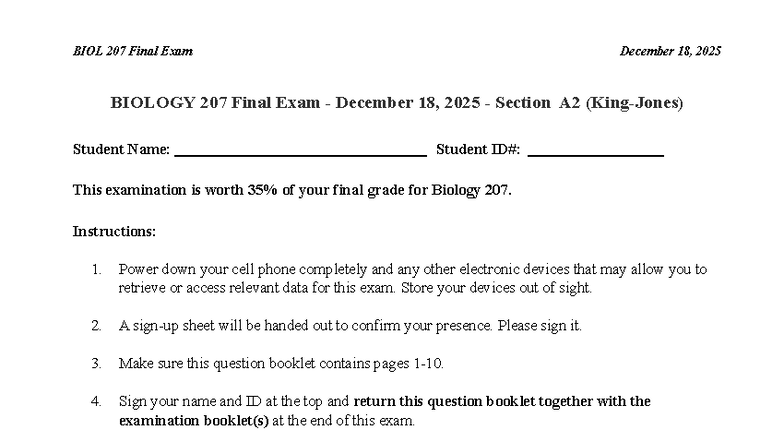 BIOL 207 Final Exam Instructions - December 18, 2025 - Studocu