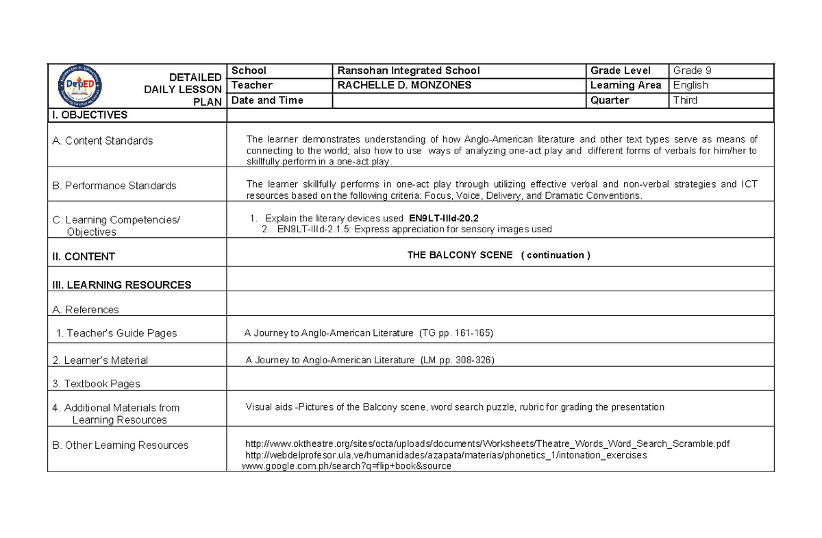 Balcony Scene 3 3RD - LECTURE - DETAILED DAILY LESSON PLAN School ...