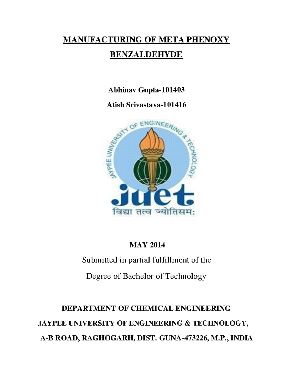 FULL Project Report - MANUFACTURING OF META PHENOXY BENZALDEHYDE ...