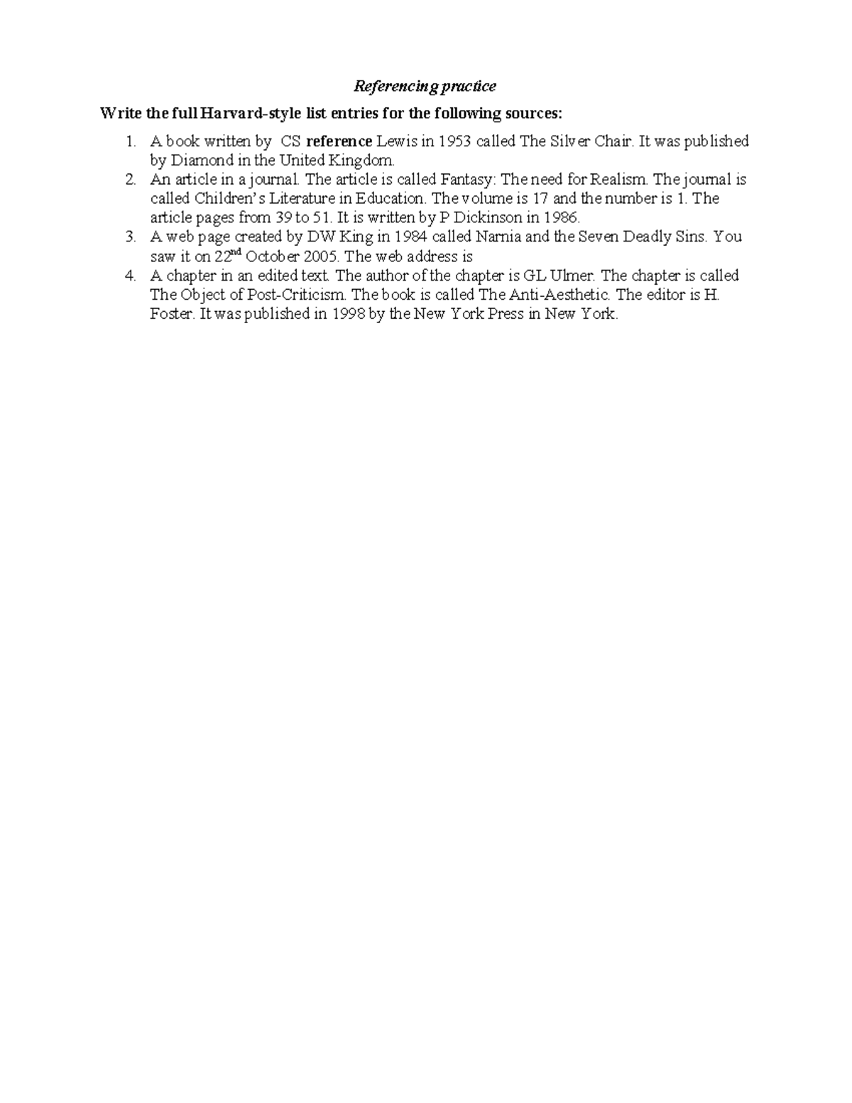 Lesson 2 Handout 4Reference list practice - Referencing practice Write ...