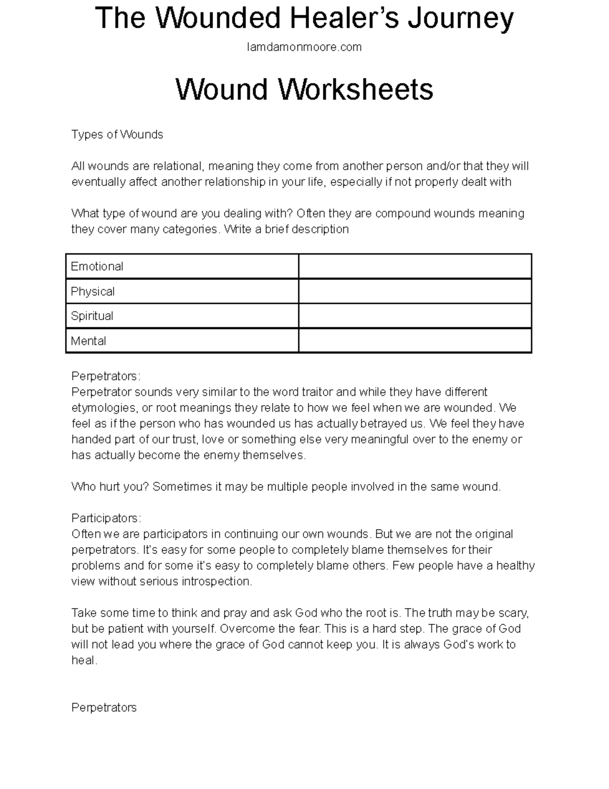 Wound Worksheet for therapeutic use - The Wounded Healer’s Journey ...
