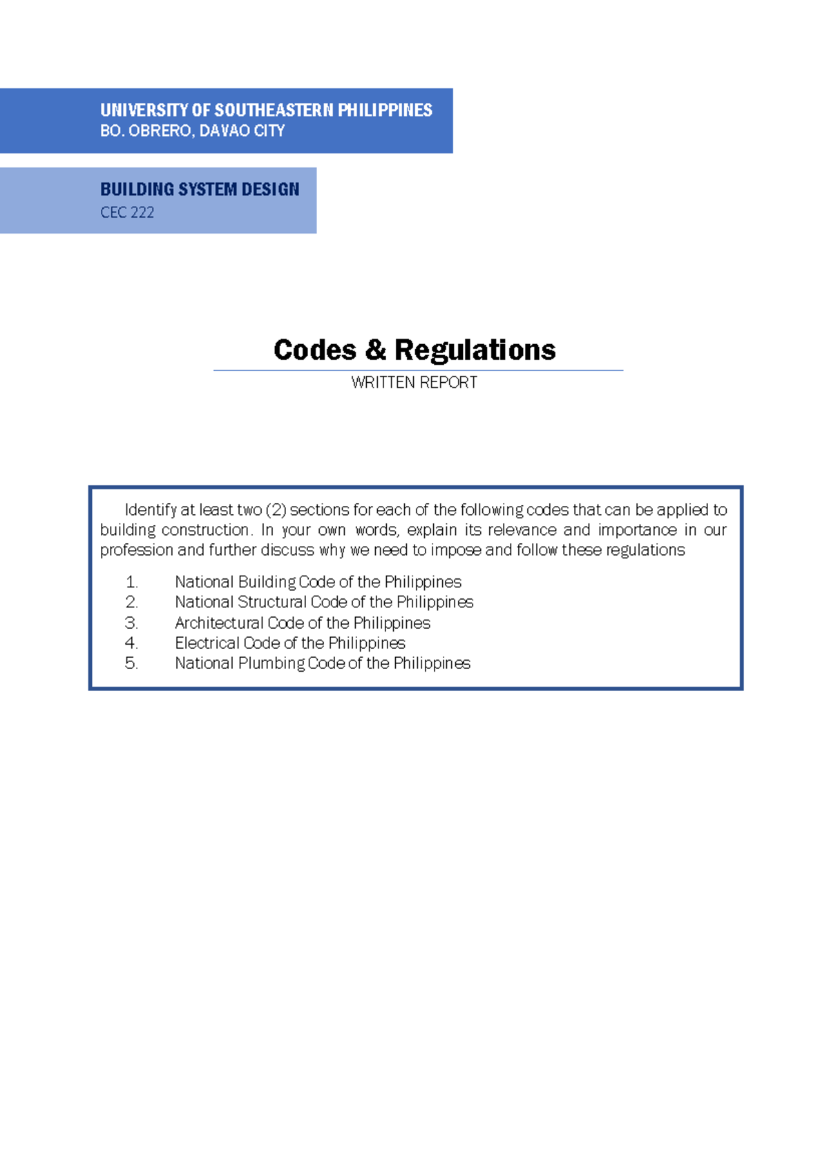 CEC222 Building System Design: Codes & Regulations Overview - Studocu