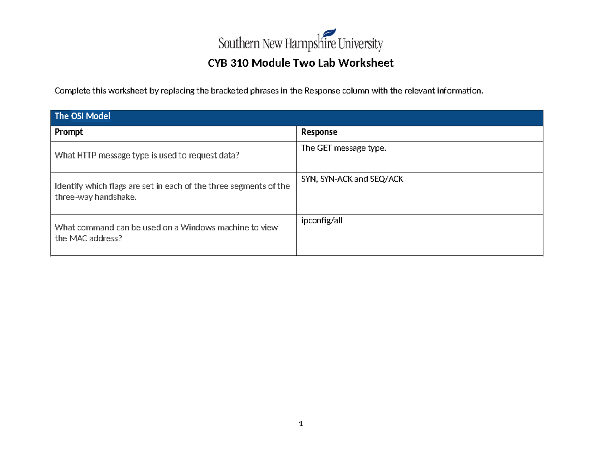 CYB 310 Module Two Lab Worksheet - Networking Concepts and ...