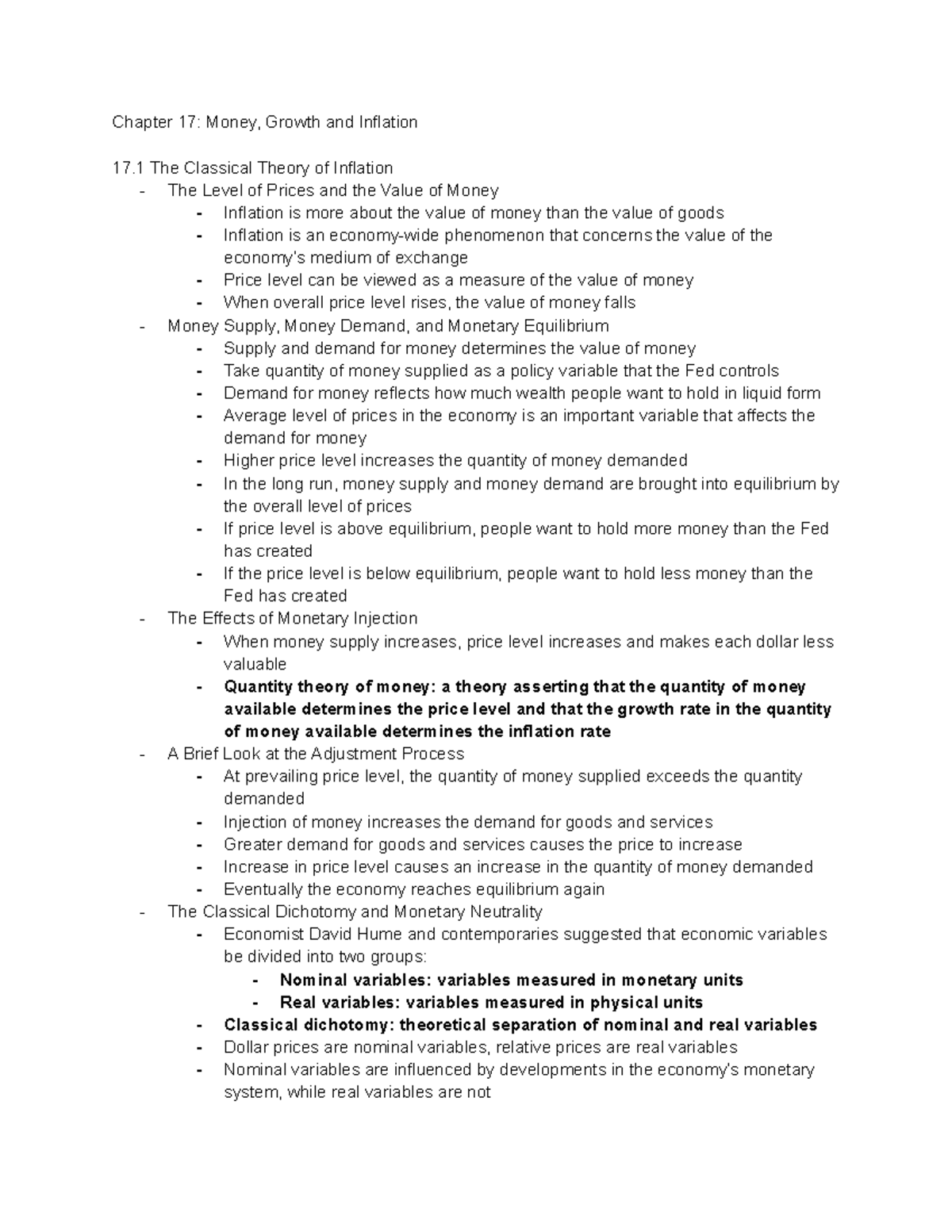 Chapter 17 Notes - Chapter 17: Money, Growth and Inflation 17 The ...