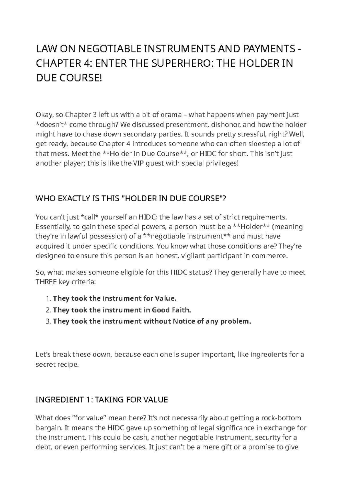 LAW ON NEGOTIABLE INSTRUMENTS CH. 4: THE HOLDER IN DUE COURSE EXPLAINED ...