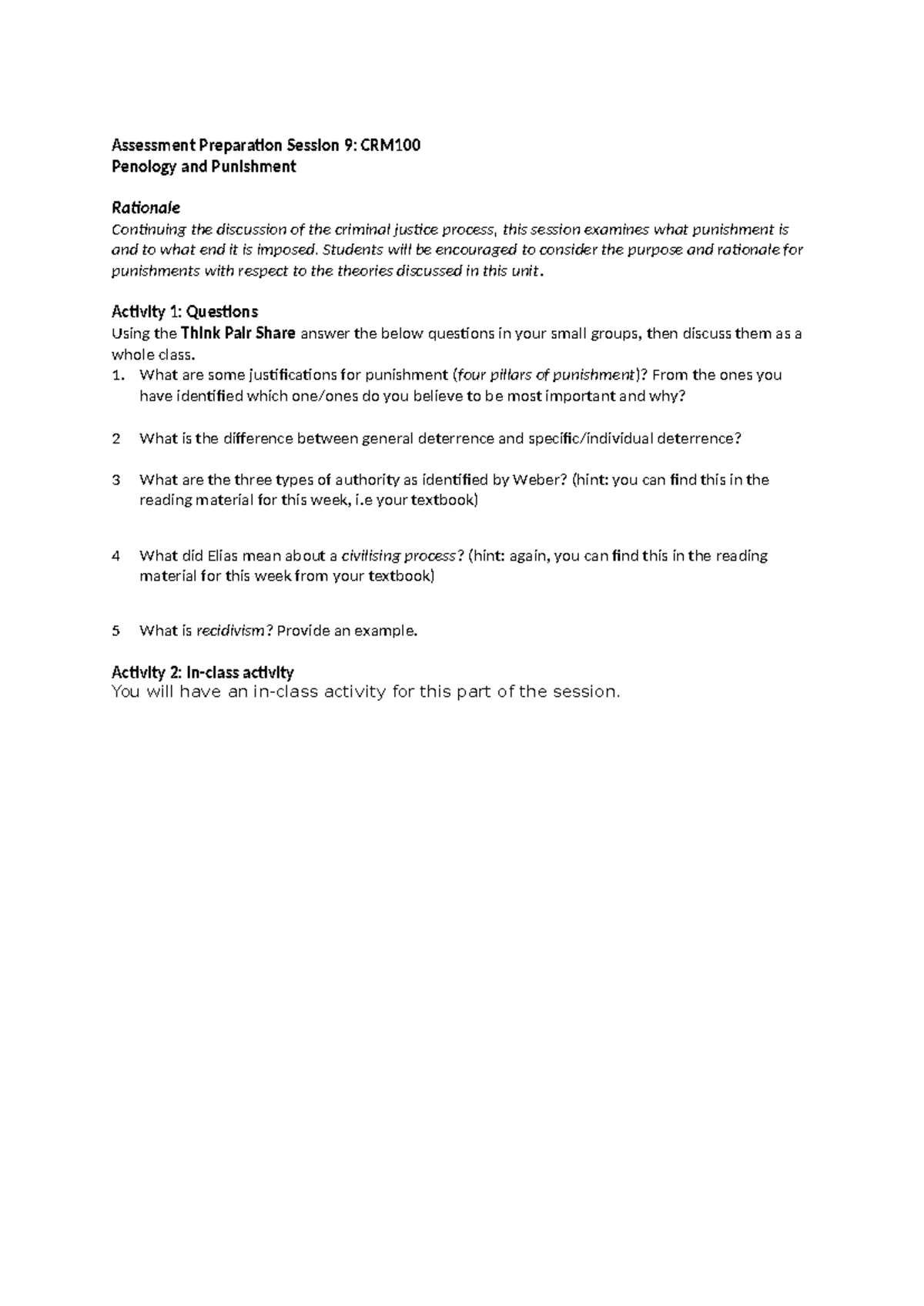 CRM 9: Assessment Prep on Penology & Punishment Concepts - Studocu