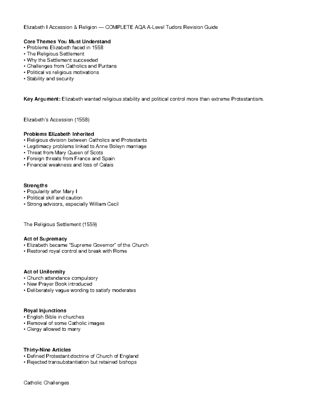 AQA Tudors Revision Guide: Elizabeth I's Accession & Religious ...