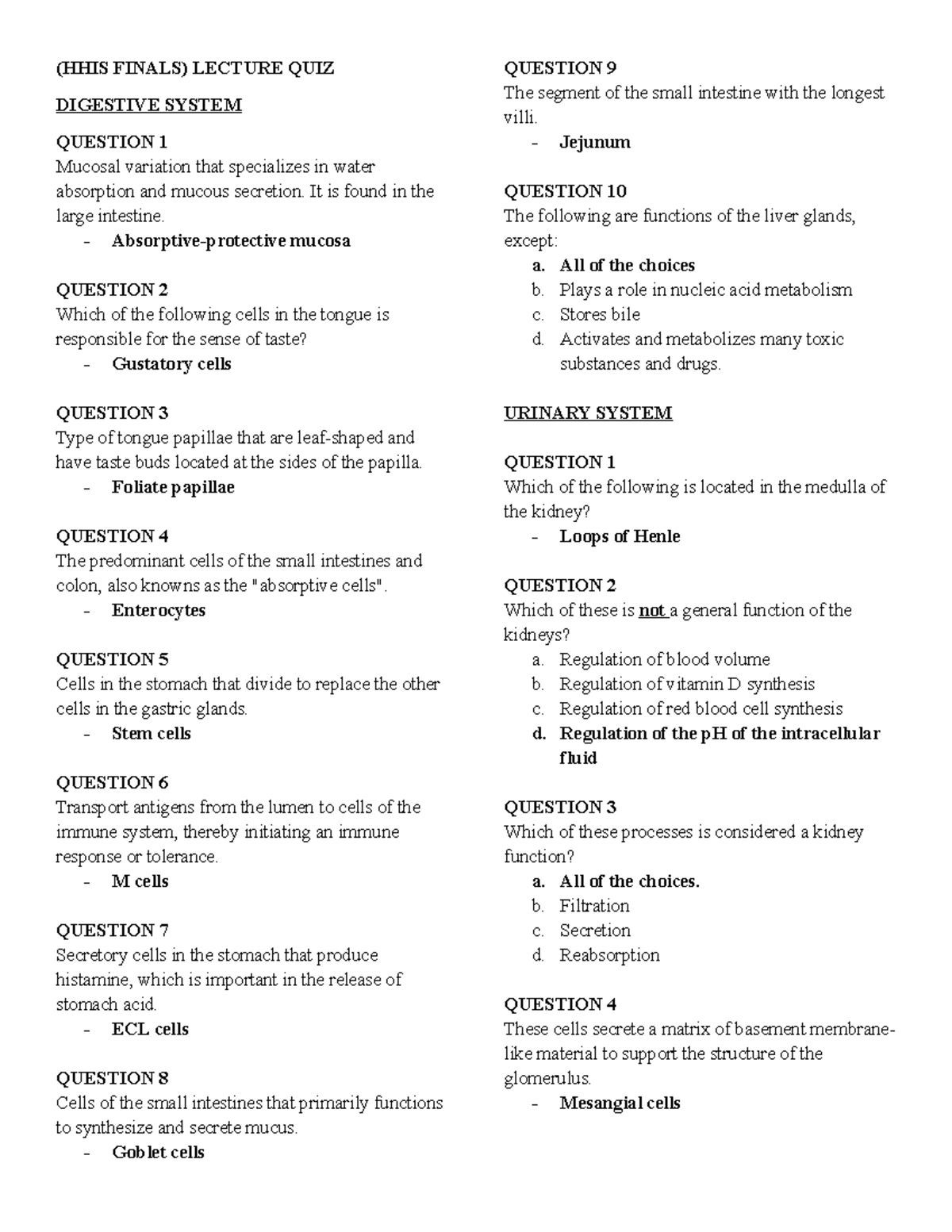 H HIS FINALS Lecture Quiz - Practice Questions on Body Systems - Studocu