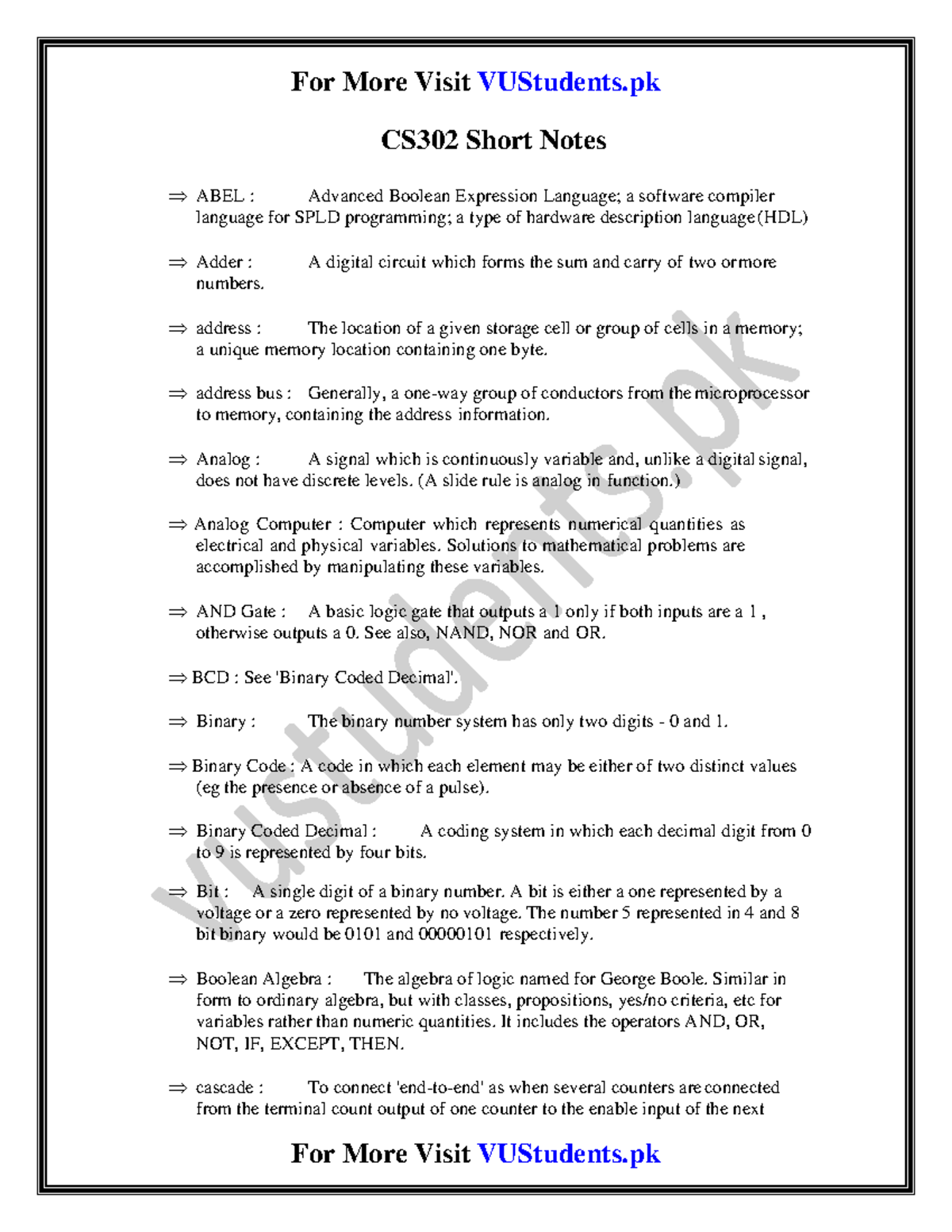 CS302 Short Notes - helpful - CS302 Short Notes ABEL : Advanced Boolean ...
