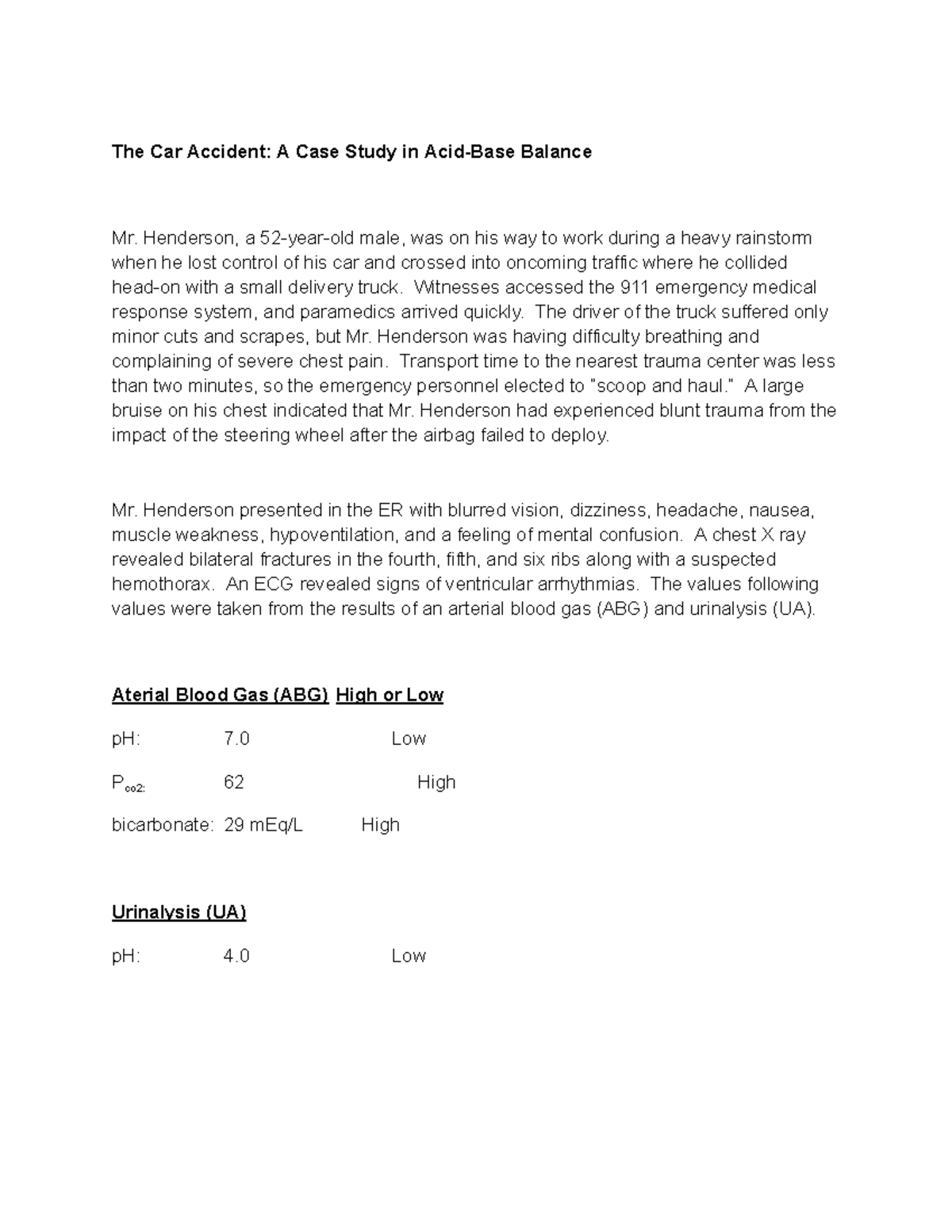 Acid-Base Balance Case Study: Mr. Henderson's Car Accident Analysis ...