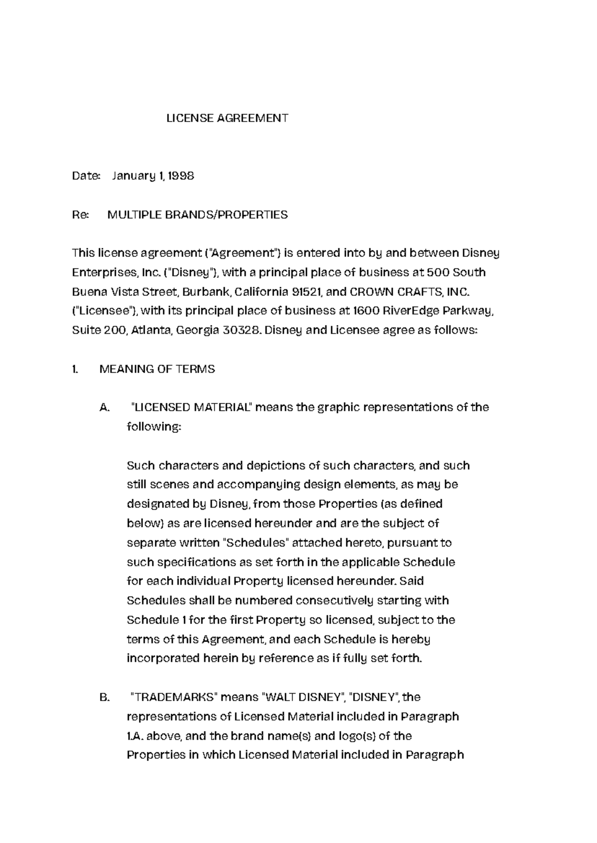 LICENSE AGREEMENT: Disney & Crown Crafts, Inc. (1998) - Studocu