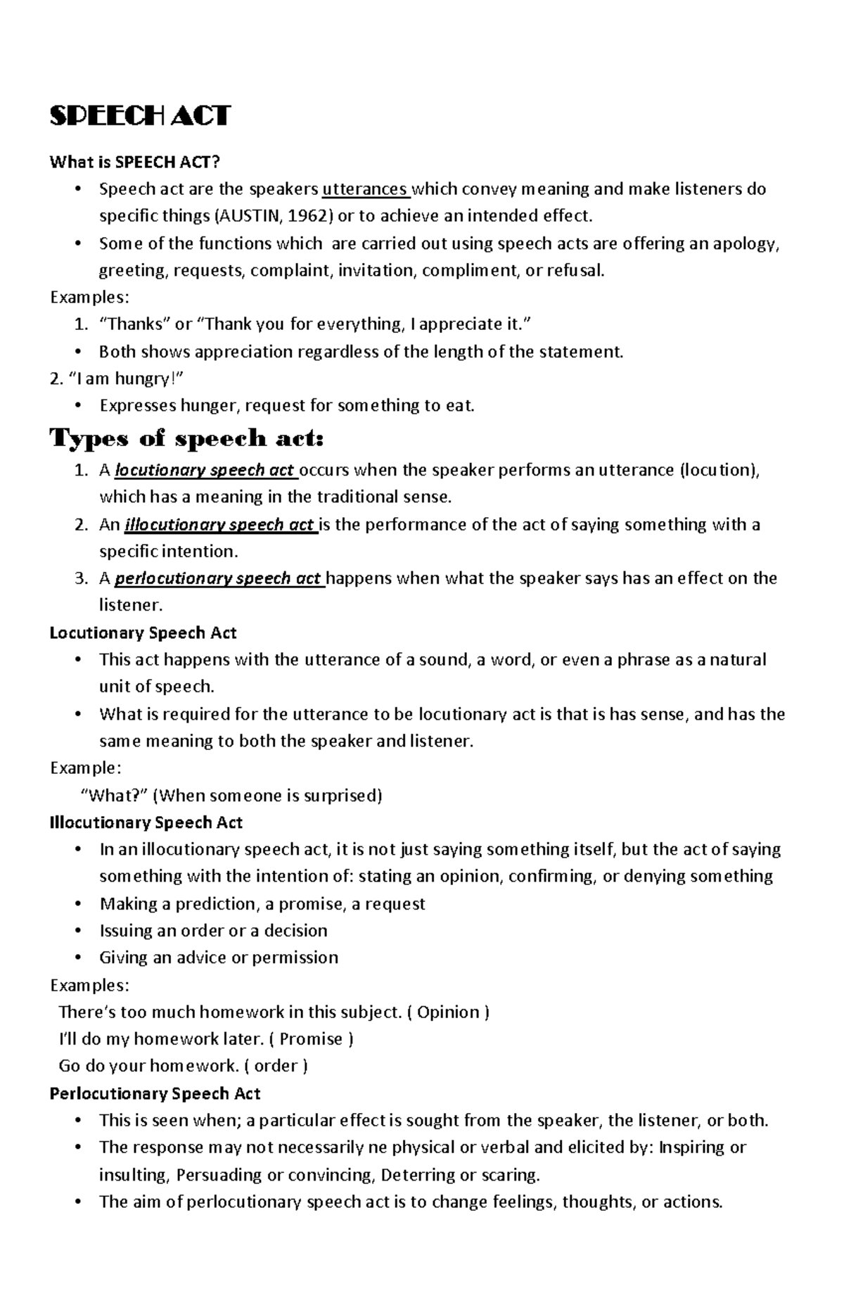 SPEECH ACT - Comprehensive Notes on Types and Functions - Studocu