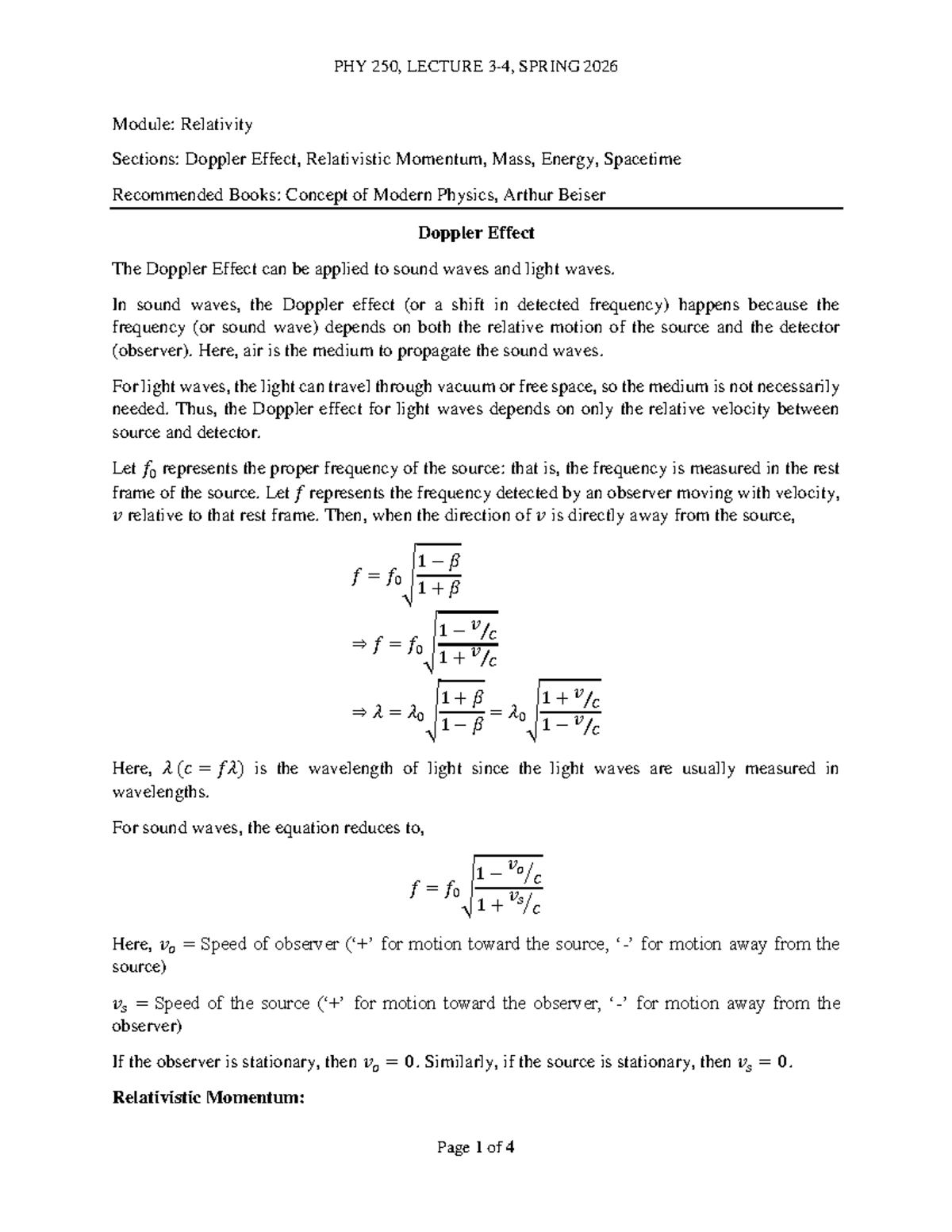 PHY 250, LECTURE SPRING 2026: Relativity - Doppler Effect & Momentum ...