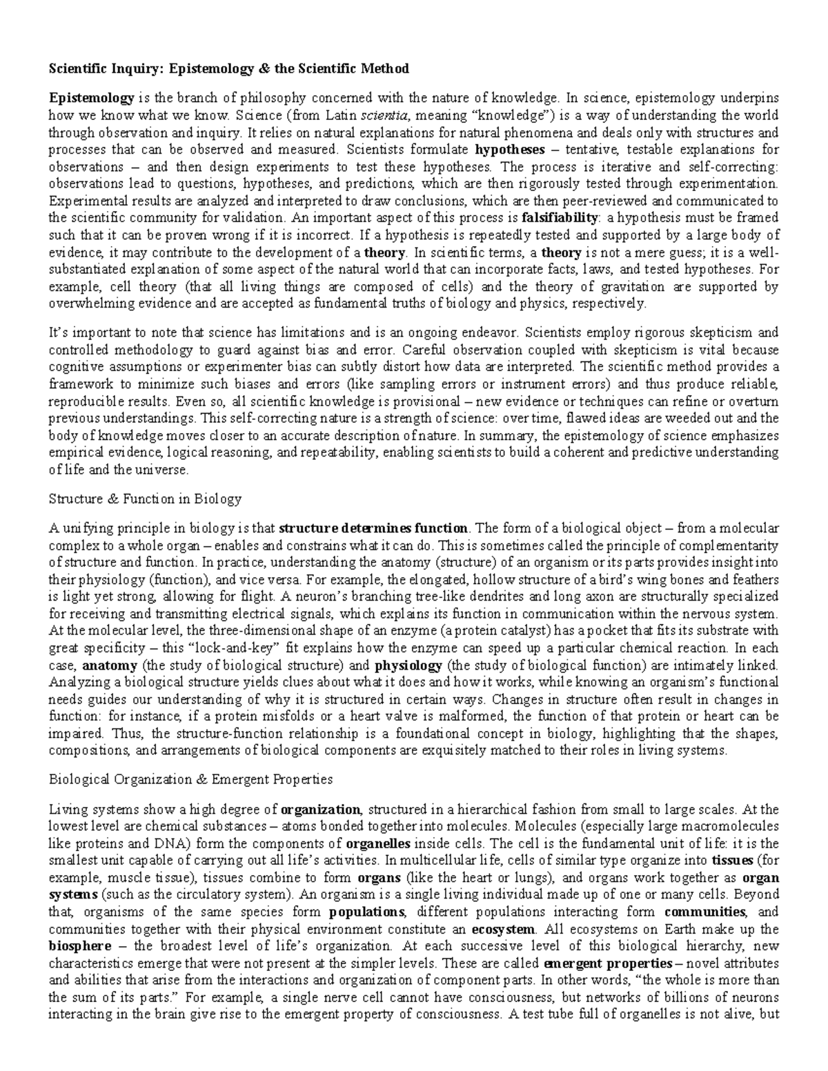 Scientific Inquiry and Structure-Function Principles in Biology (BIO ...