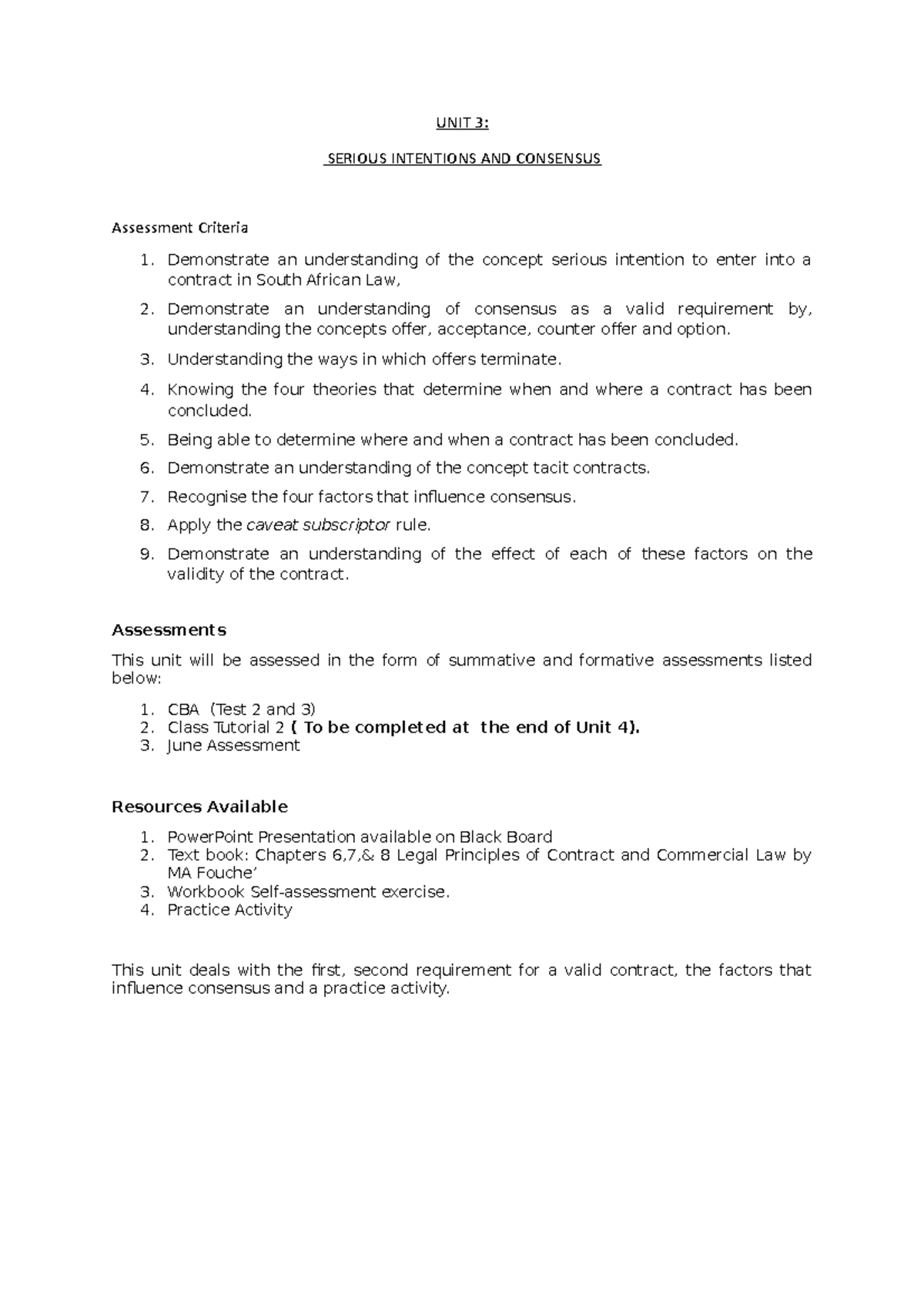 Business Law 101: Unit 3 - Serious Intent and Contract Consensus - Studocu