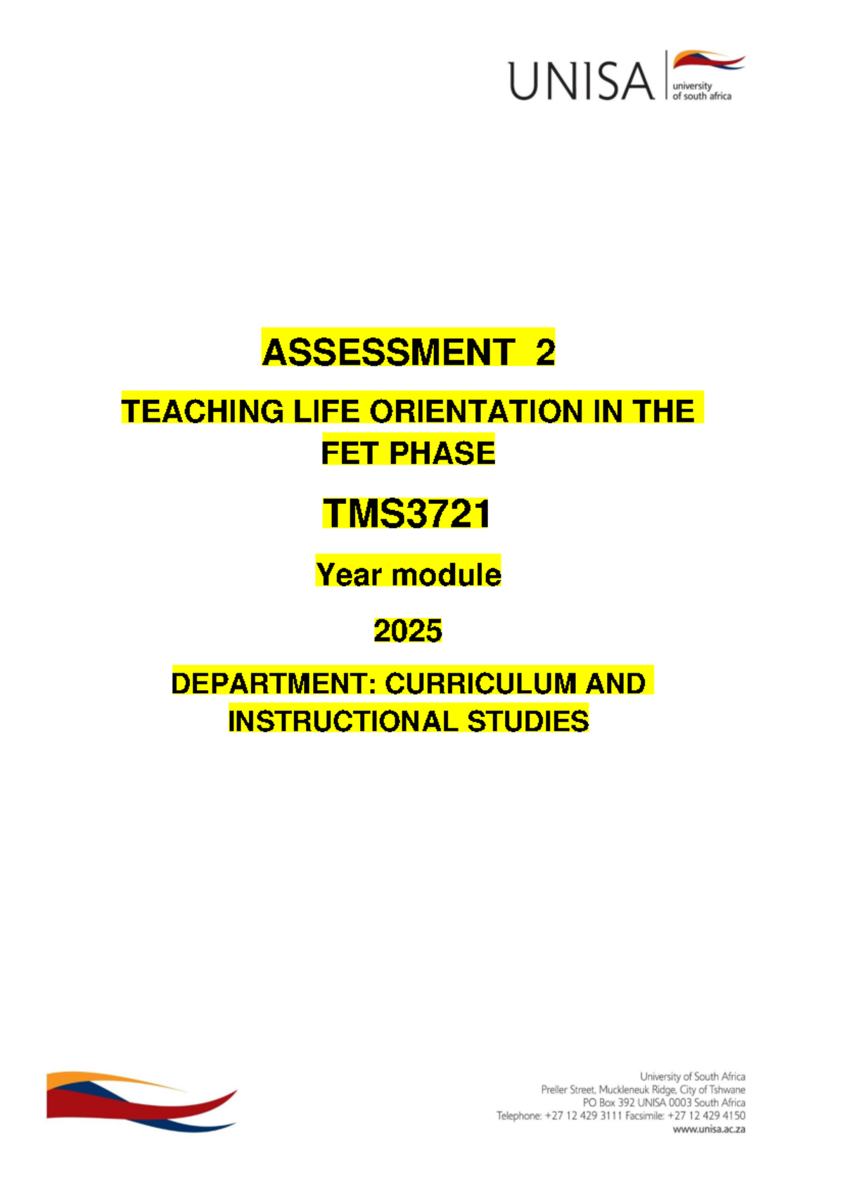 TMS3721 Assessment 2 - Teaching Life Orientation in FET Phase - Studocu