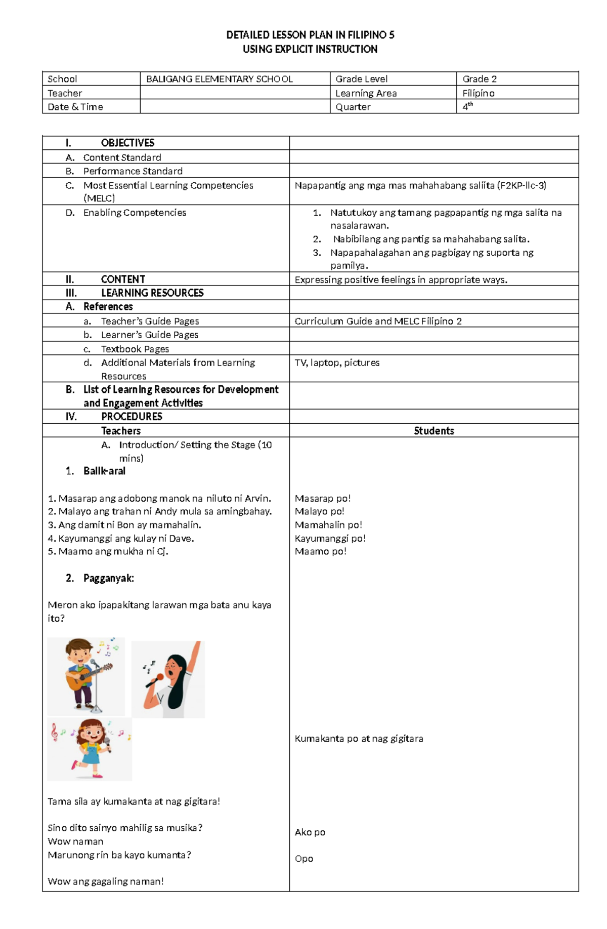 Detailed Lesson Plan for Grade 2 Filipino: Pagpapantig Activities - Studocu