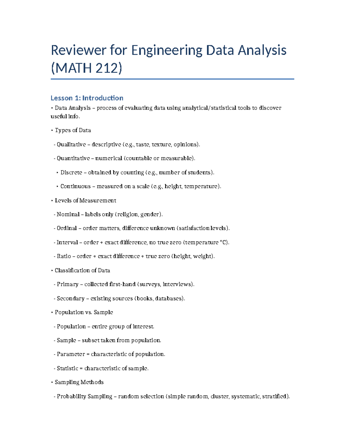 Engineering Data Analysis Reviewer (MATH 212) with Exercises - Studocu