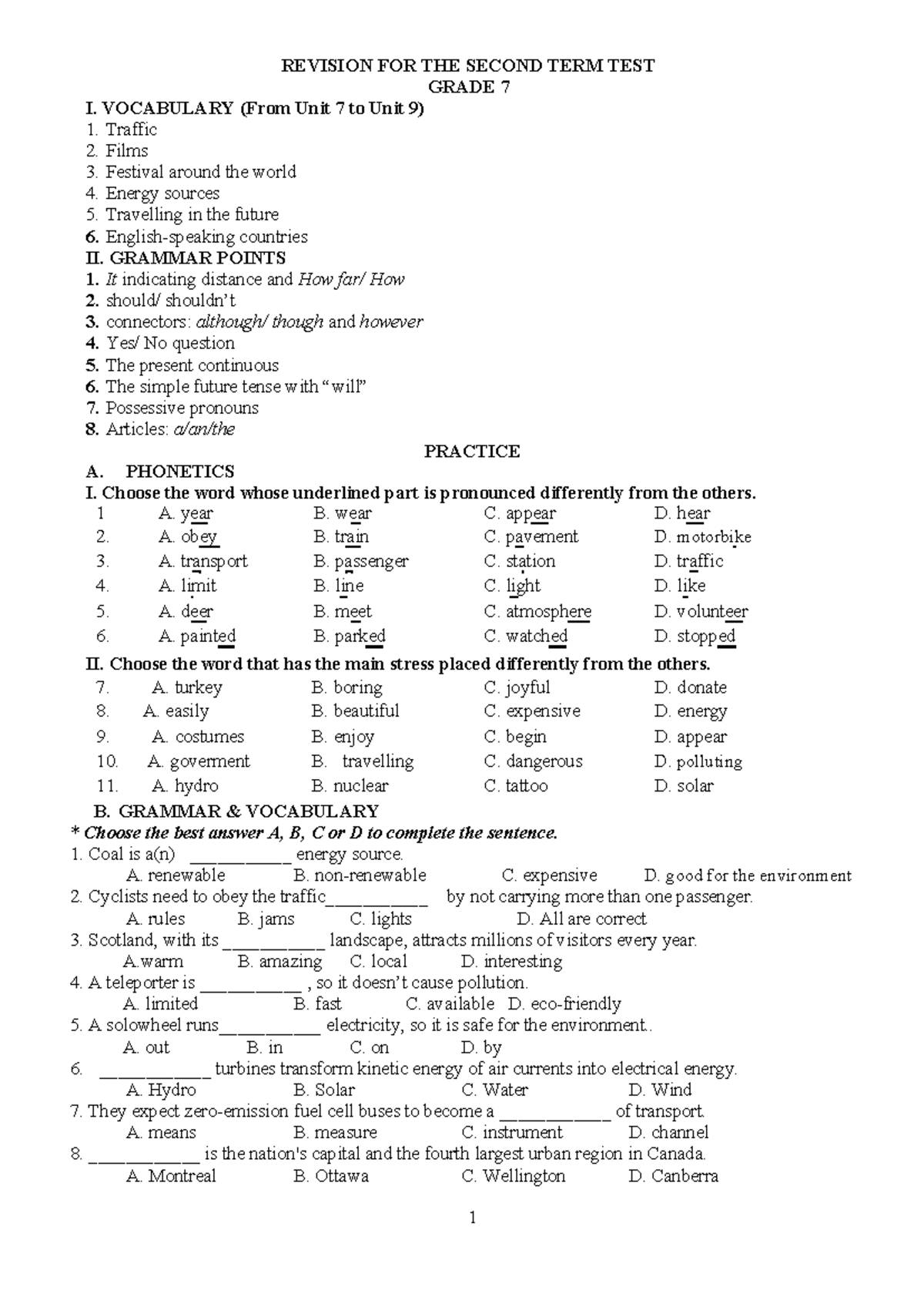 Grade 7 Vocabulary & Grammar Revision for 2nd Term Test (Units 7-9 ...